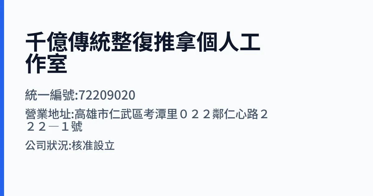 千億傳統整復推拿個人工作室 - 統編 72209020(高雄市) 公司登記資料與營業項目詳細圖表
