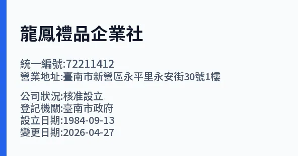 龍鳳禮品企業社的照片-統編 72211412(臺南市) 公司登記資料與營業項目詳細圖表