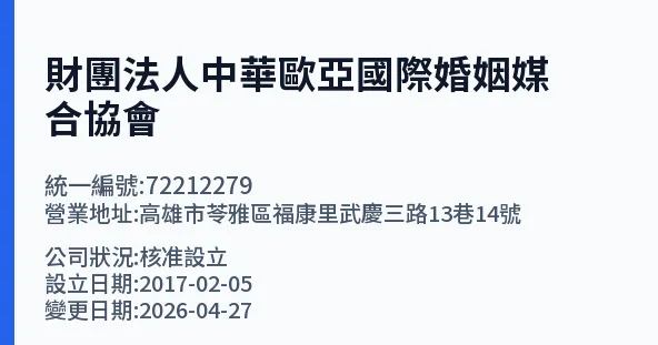 財團法人中華歐亞國際婚姻媒合協會的照片-統編 72212279(高雄市) 公司登記資料與營業項目詳細圖表