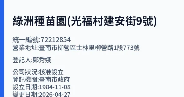 綠洲種苗園(光福村建安街9號)的照片-統編 72212854(臺南市) 公司登記資料與營業項目詳細圖表