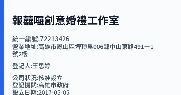 報囍囉創意婚禮工作室的照片-統編 72213426(高雄市) 公司登記資料與營業項目詳細圖表