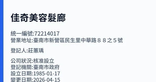 佳奇美容髮廊的照片-統編 72214017(臺南市) 公司登記資料與營業項目詳細圖表