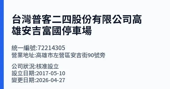 台灣普客二四股份有限公司高雄安吉富國停車場的照片-統編 72214305(高雄市) 公司登記資料與營業項目詳細圖表
