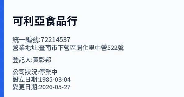 可利亞食品行的照片-統編 72214537(臺南市) 公司登記資料與營業項目詳細圖表