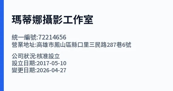 瑪蒂娜攝影工作室的照片-統編 72214656(高雄市) 公司登記資料與營業項目詳細圖表