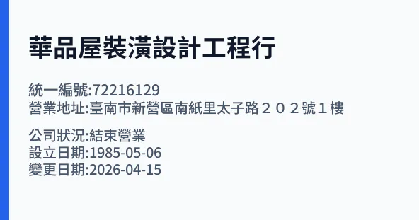 華品屋裝潢設計工程行的照片-統編 72216129(臺南市) 公司登記資料與營業項目詳細圖表