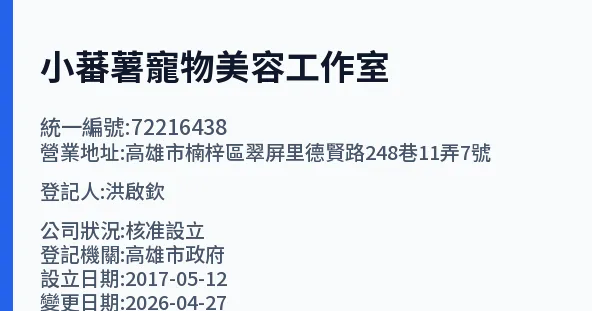 小蕃薯寵物美容工作室的照片-統編 72216438(高雄市) 公司登記資料與營業項目詳細圖表