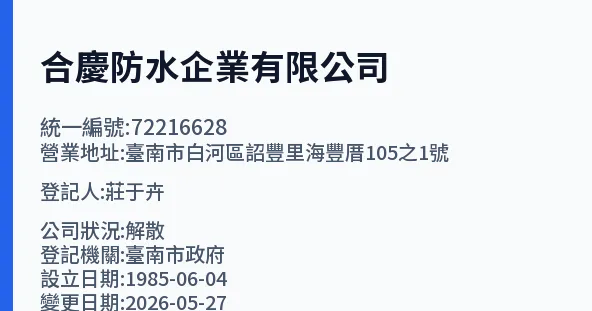 合慶防水企業有限公司的照片-統編 72216628(臺南市) 公司登記資料與營業項目詳細圖表