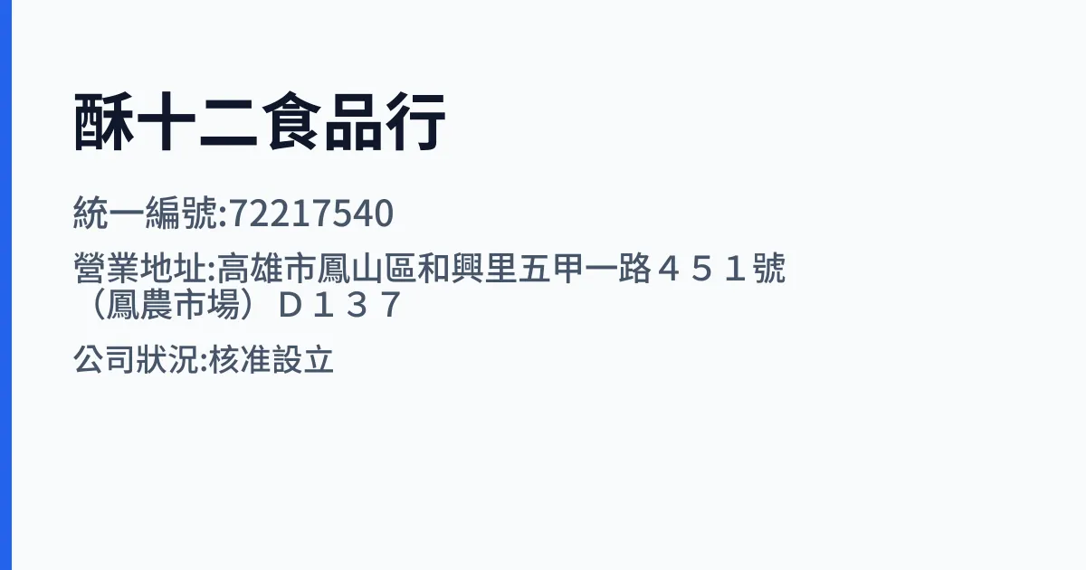 酥十二食品行 - 統編 72217540（高雄市） 公司登記資料與營業項目詳細圖表