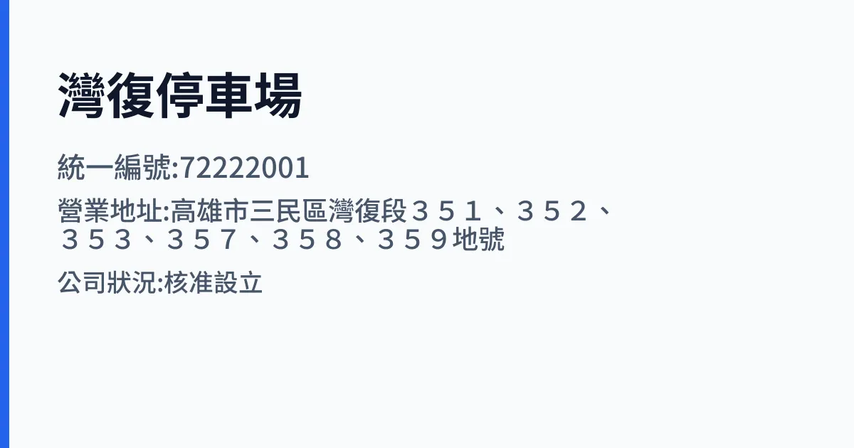 灣復停車場 - 統編 72222001(高雄市) 公司登記資料與營業項目詳細圖表