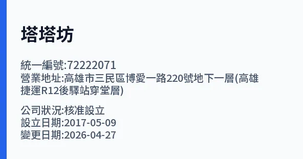 塔塔坊的照片-統編 72222071(高雄市) 公司登記資料與營業項目詳細圖表