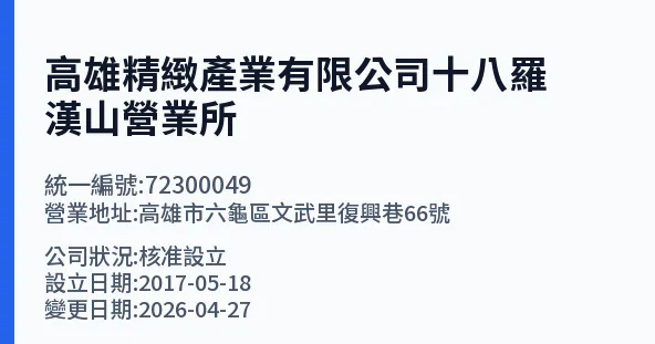 高雄精緻產業有限公司十八羅漢山營業所的照片-統編 72300049(高雄市) 公司登記資料與營業項目詳細圖表