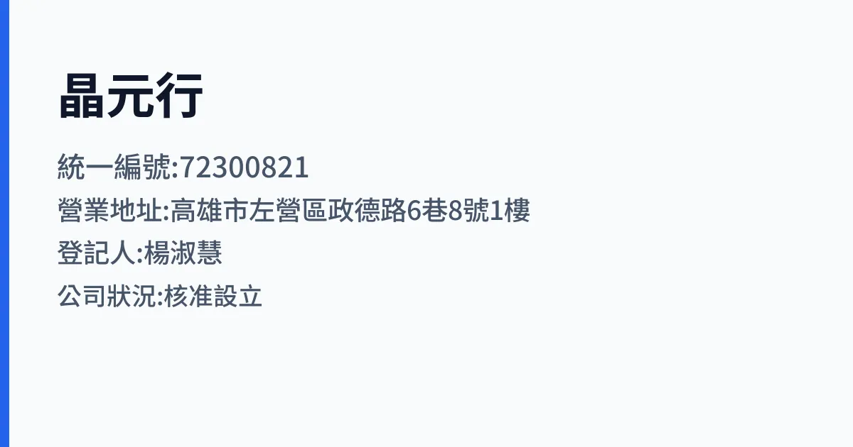 晶元行 - 統編 72300821(高雄市) 公司登記資料與營業項目詳細圖表