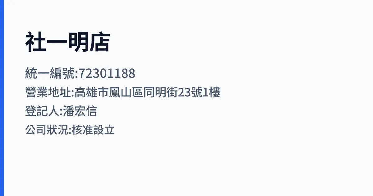 社一明店 - 統編 72301188(高雄市) 公司登記資料與營業項目詳細圖表