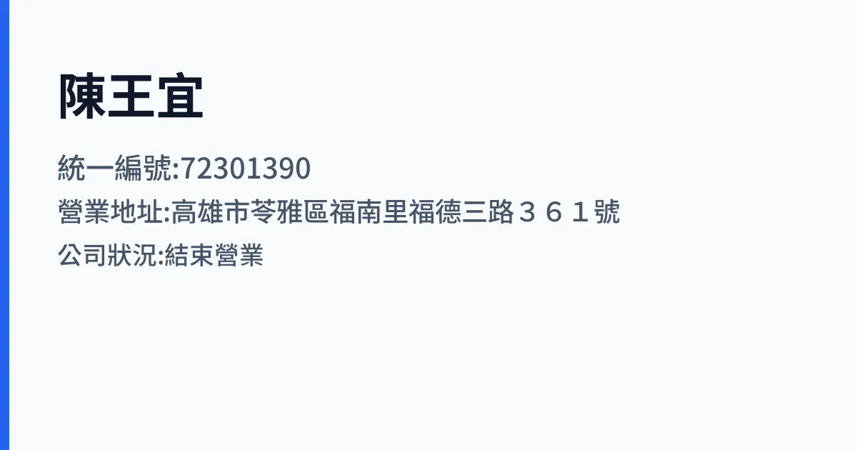 陳王宜 - 統編 72301390(高雄市) 公司登記資料與營業項目詳細圖表