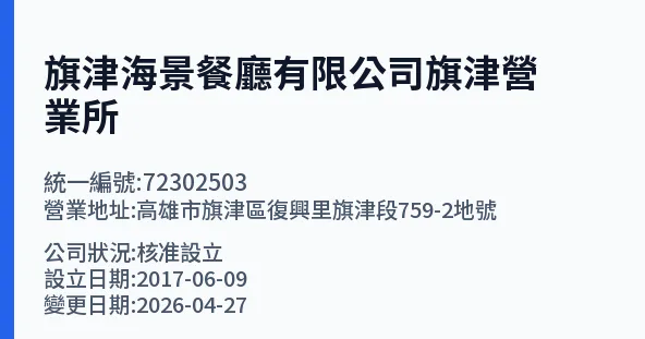 旗津海景餐廳有限公司旗津營業所的照片-統編 72302503(高雄市) 公司登記資料與營業項目詳細圖表