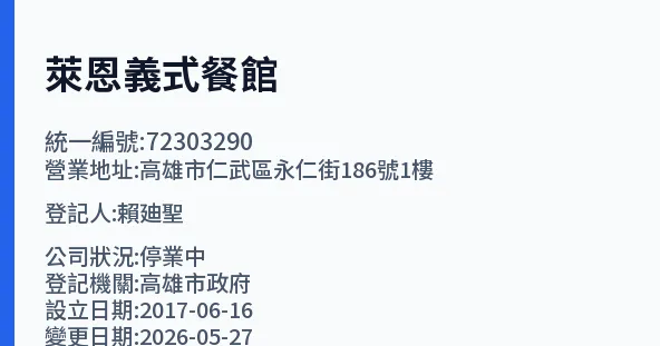 萊恩義式餐館的照片-統編 72303290(高雄市) 公司登記資料與營業項目詳細圖表