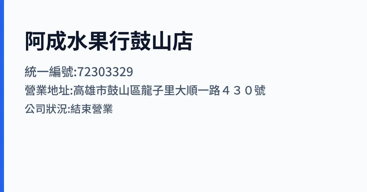 阿成水果行鼓山店 - 統編 72303329(高雄市) 公司登記資料與營業項目詳細圖表