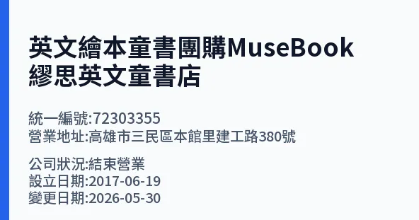 英文繪本童書團購MuseBook繆思英文童書店的照片-統編 72303355(高雄市) 公司登記資料與營業項目詳細圖表