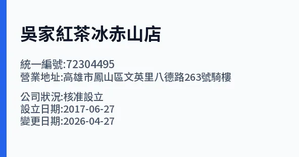 吳家紅茶冰赤山店的照片-統編 72304495(高雄市) 公司登記資料與營業項目詳細圖表