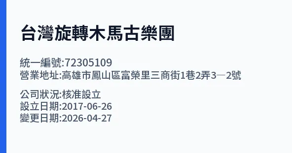 台灣旋轉木馬古樂團的照片-統編 72305109(高雄市) 公司登記資料與營業項目詳細圖表