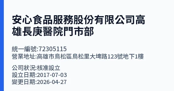 安心食品服務股份有限公司高雄長庚醫院門市部的照片-統編 72305115(高雄市) 公司登記資料與營業項目詳細圖表