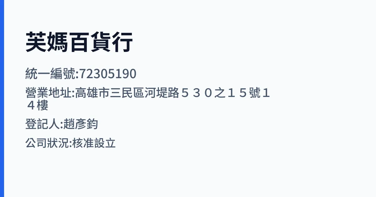 芙媽百貨行 - 統編 72305190(高雄市) 公司登記資料與營業項目詳細圖表