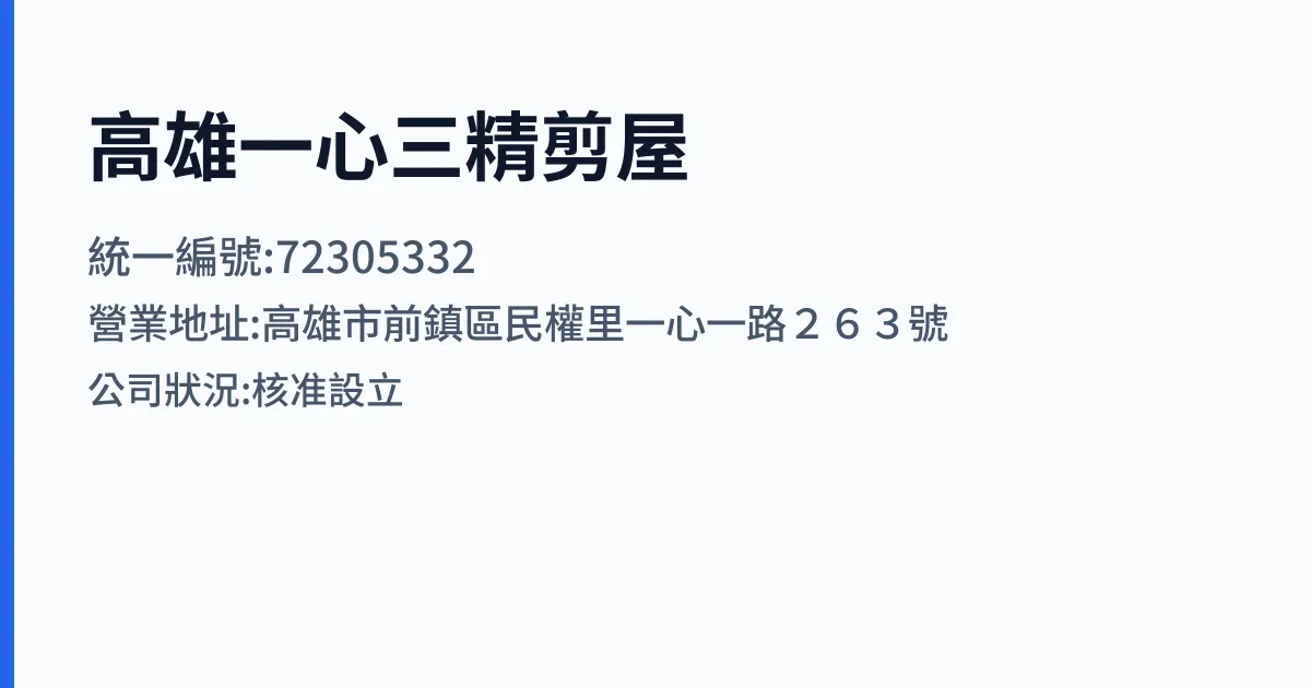 高雄一心三精剪屋 - 統編 72305332(高雄市) 公司登記資料與營業項目詳細圖表