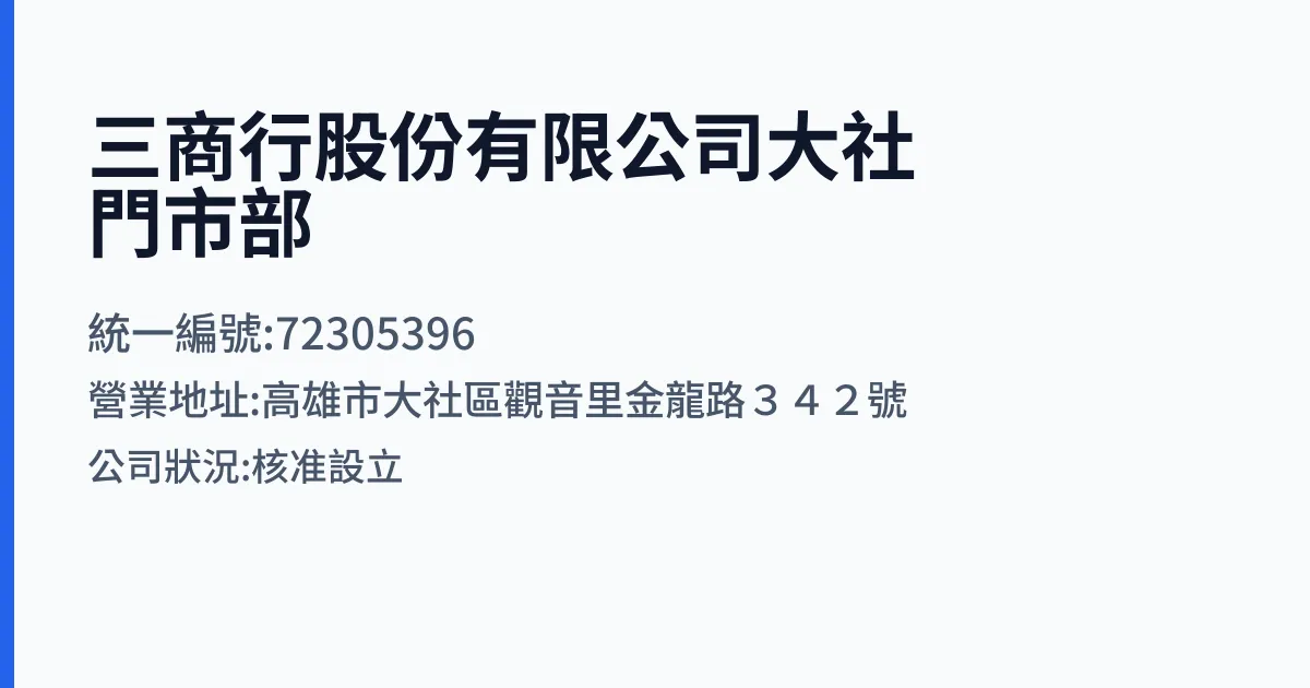 三商行股份有限公司大社門市部 - 統編 72305396(高雄市) 公司登記資料與營業項目詳細圖表