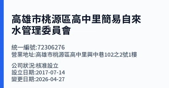 高雄市桃源區高中里簡易自來水管理委員會的照片-統編 72306276(高雄市) 公司登記資料與營業項目詳細圖表
