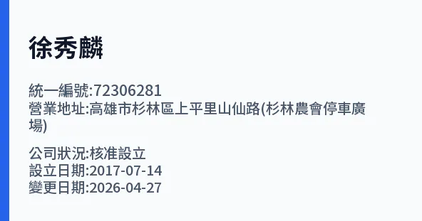徐秀麟的照片-統編 72306281(高雄市) 公司登記資料與營業項目詳細圖表