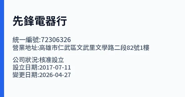 先鋒電器行的照片-統編 72306326(高雄市) 公司登記資料與營業項目詳細圖表