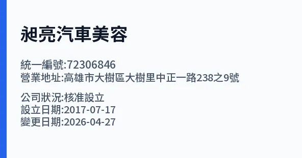 昶亮汽車美容的照片-統編 72306846(高雄市) 公司登記資料與營業項目詳細圖表