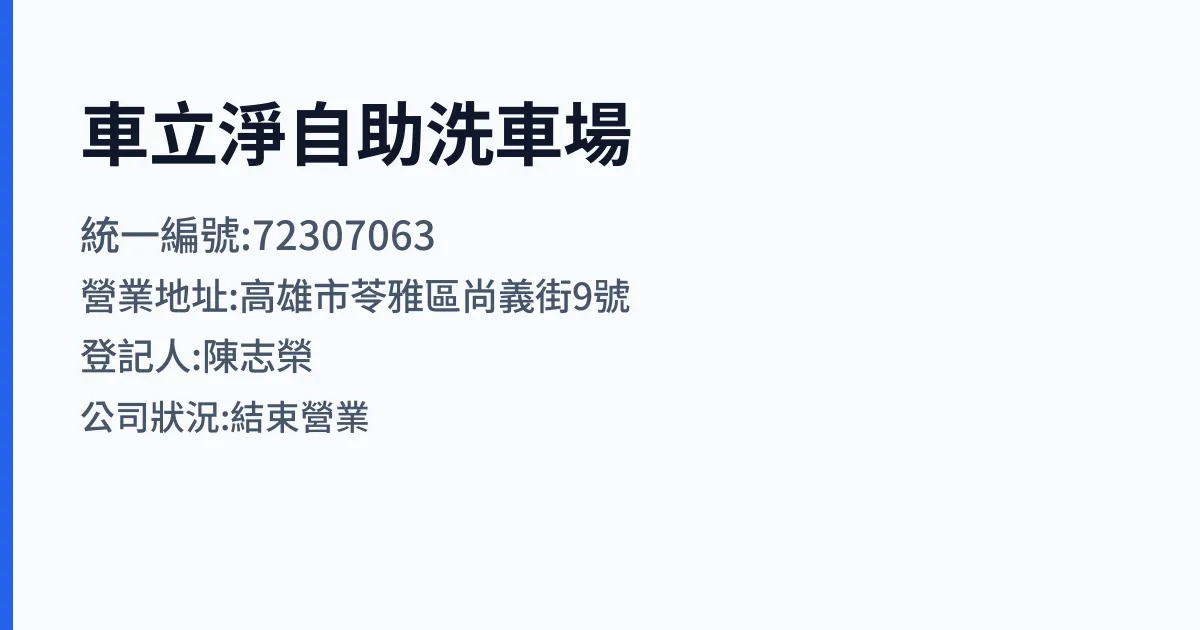 車立淨自助洗車場 - 統編 72307063(高雄市) 公司登記資料與營業項目詳細圖表