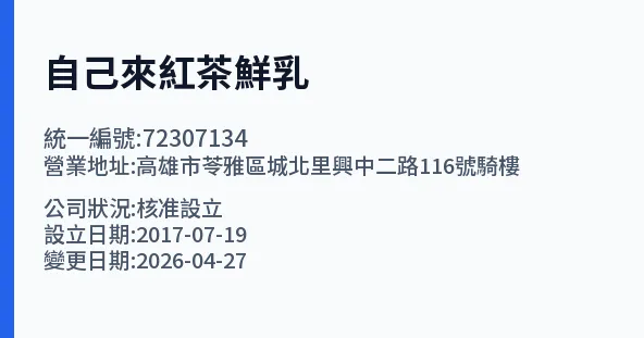 自己來紅茶鮮乳的照片-統編 72307134(高雄市) 公司登記資料與營業項目詳細圖表