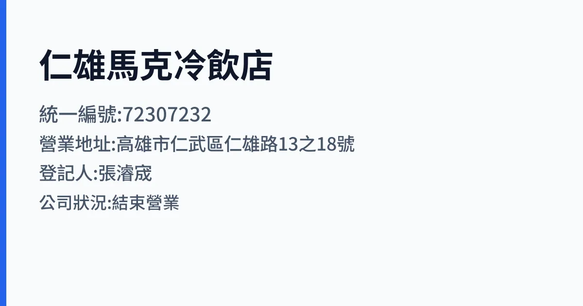 仁雄馬克冷飲店 - 統編 72307232(高雄市) 公司登記資料與營業項目詳細圖表