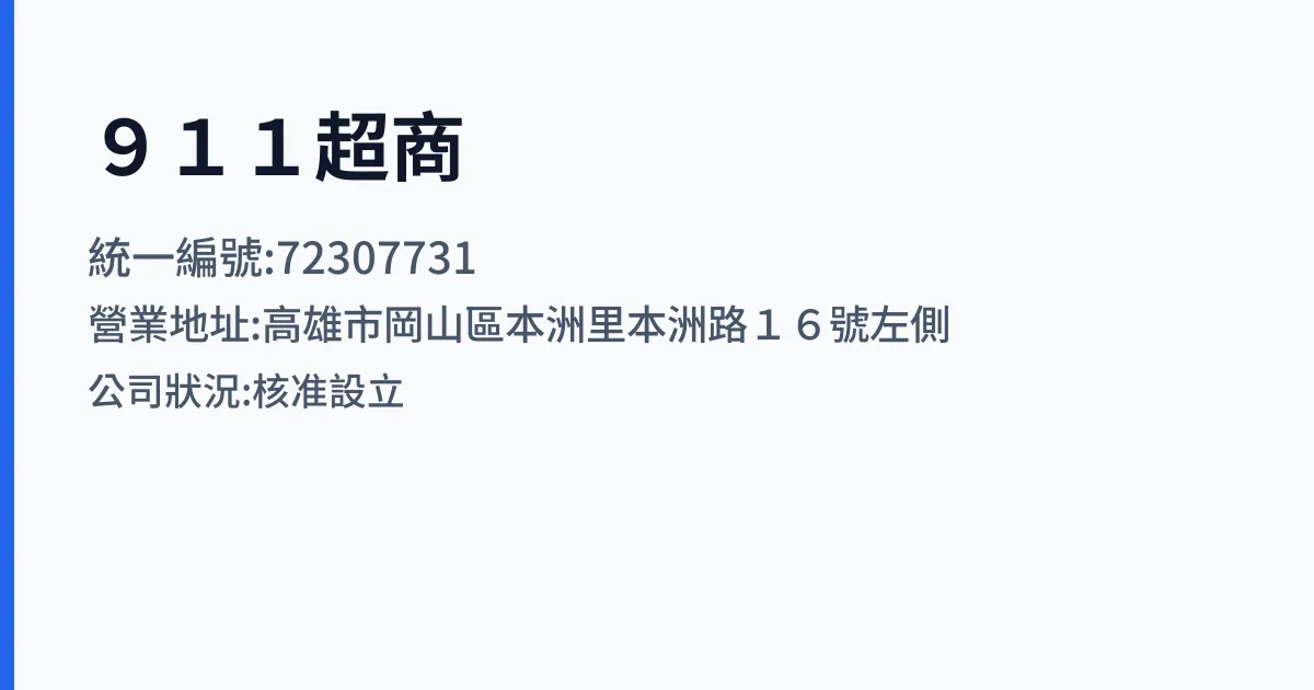 ９１１超商 - 統編 72307731(高雄市) 公司登記資料與營業項目詳細圖表