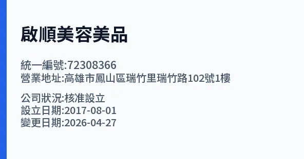 啟順美容美品的照片-統編 72308366(高雄市) 公司登記資料與營業項目詳細圖表