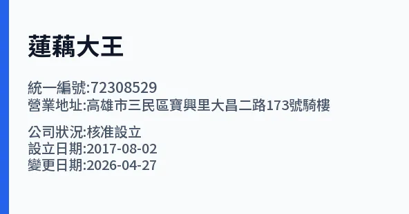 蓮藕大王的照片-統編 72308529(高雄市) 公司登記資料與營業項目詳細圖表