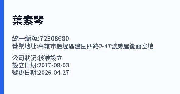 葉素琴的照片-統編 72308680(高雄市) 公司登記資料與營業項目詳細圖表