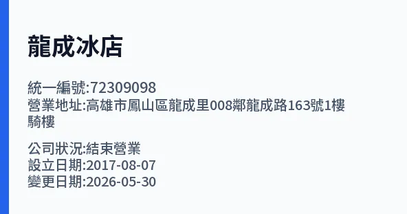龍成冰店的照片-統編 72309098(高雄市) 公司登記資料與營業項目詳細圖表