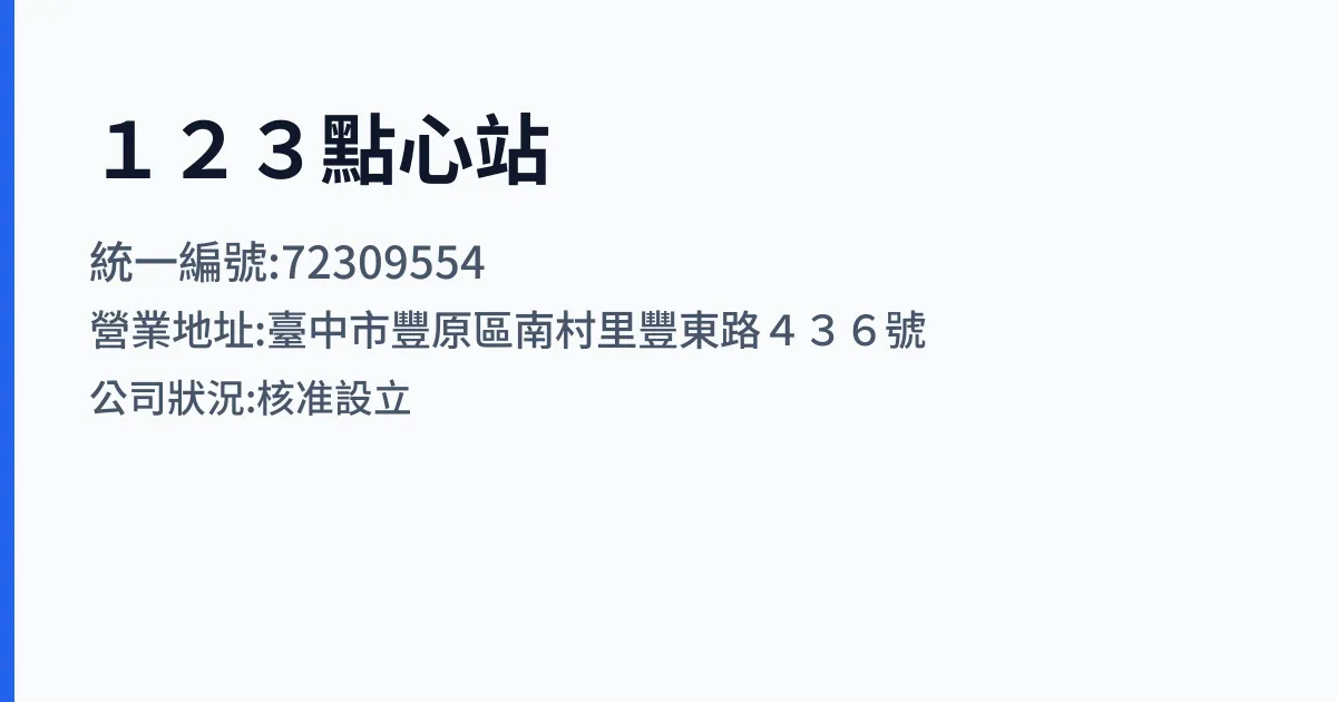 １２３點心站 - 統編 72309554(臺中市) 公司登記資料與營業項目詳細圖表