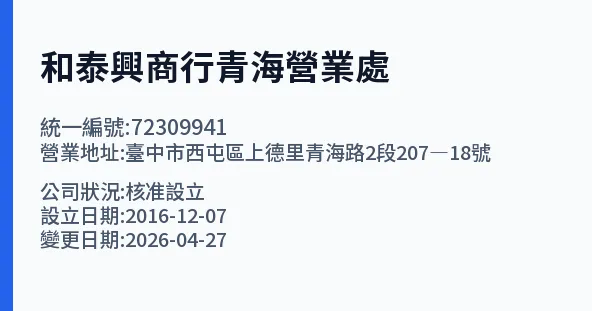 和泰興商行青海營業處的照片-統編 72309941(臺中市) 公司登記資料與營業項目詳細圖表