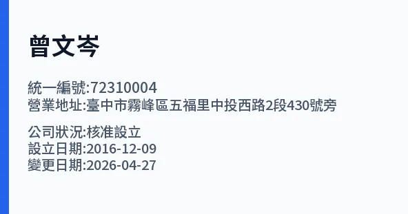 曾文岑的照片-統編 72310004(臺中市) 公司登記資料與營業項目詳細圖表