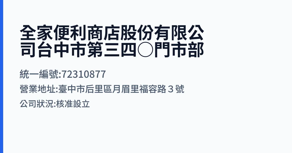 全家便利商店股份有限公司台中市第三四○門市部 - 統編 72310877(臺中市) 公司登記資料與營業項目詳細圖表