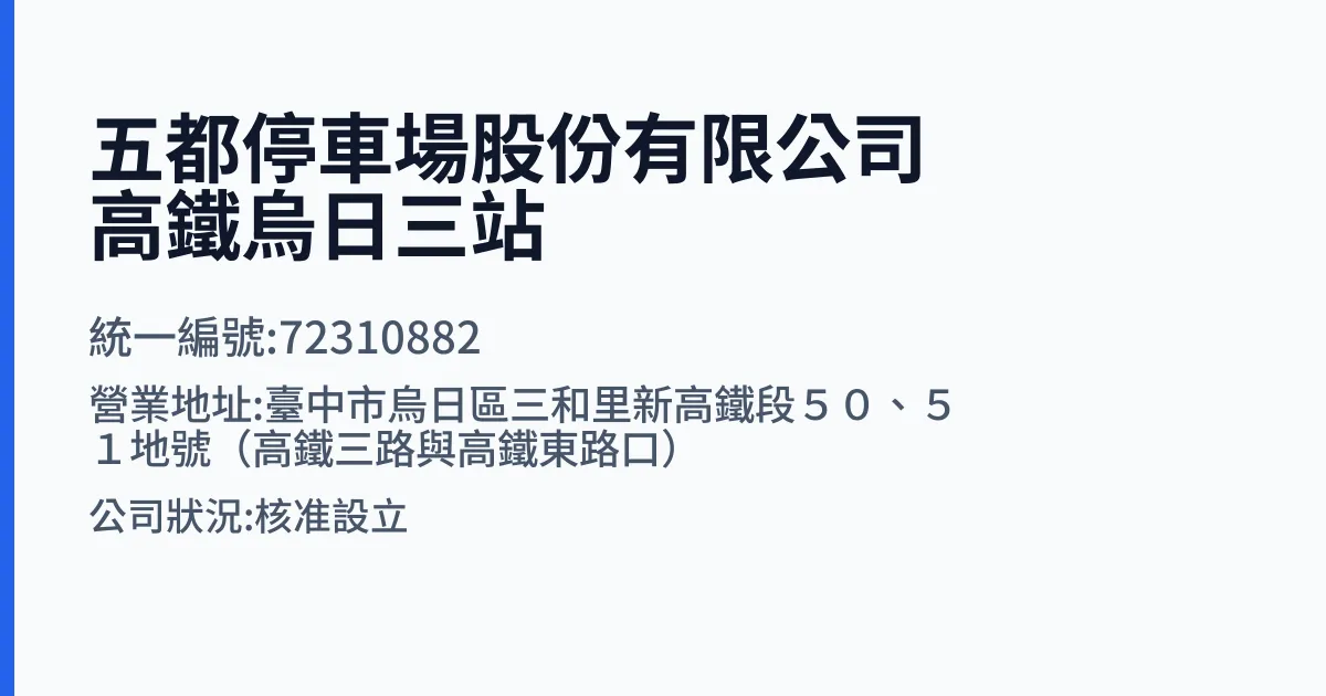 五都停車場股份有限公司高鐵烏日三站 - 統編 72310882(臺中市) 公司登記資料與營業項目詳細圖表