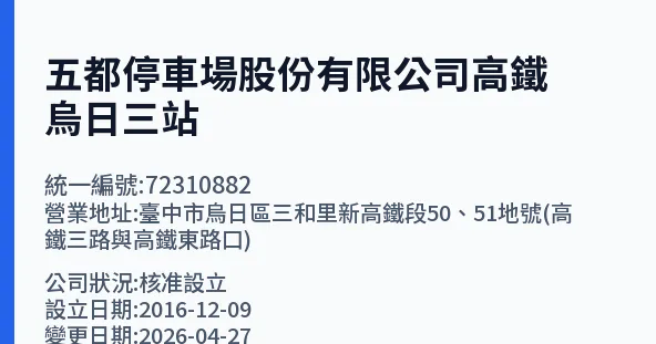 五都停車場股份有限公司高鐵烏日三站的照片-統編 72310882(臺中市) 公司登記資料與營業項目詳細圖表