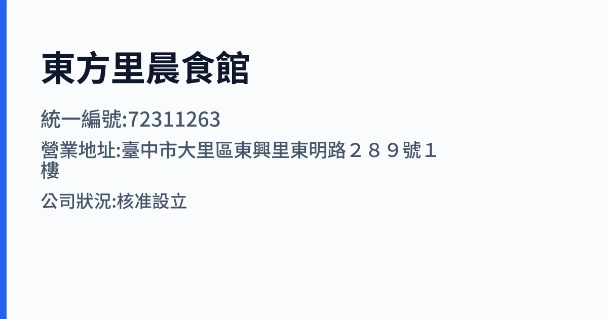 東方里晨食館 - 統編 72311263(臺中市) 公司登記資料與營業項目詳細圖表
