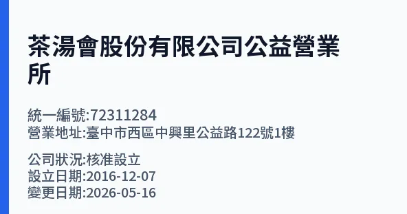 茶湯會股份有限公司公益營業所的照片-統編 72311284(臺中市) 公司登記資料與營業項目詳細圖表