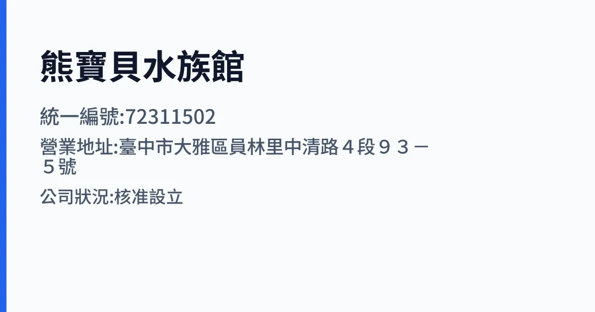 熊寶貝水族館 - 統編 72311502(臺中市) 公司登記資料與營業項目詳細圖表